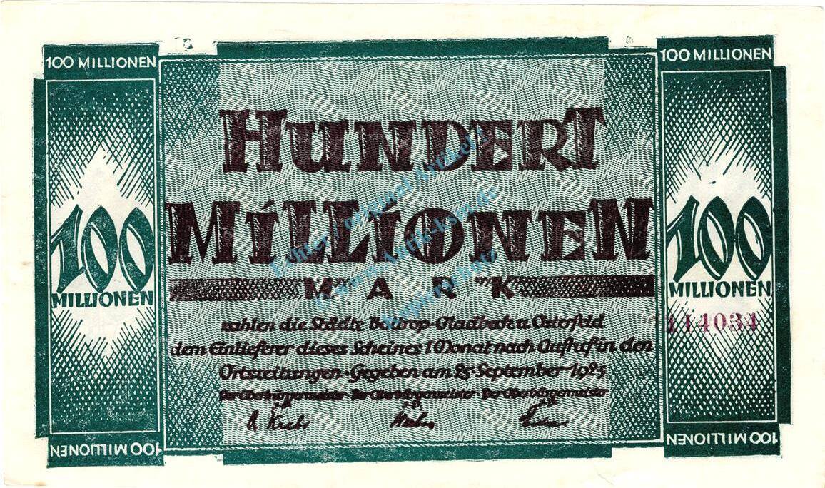 Inflation 1923 DE 100 Mio. Mk. 1923 Bottrop, Banknote 100 Millionen ...