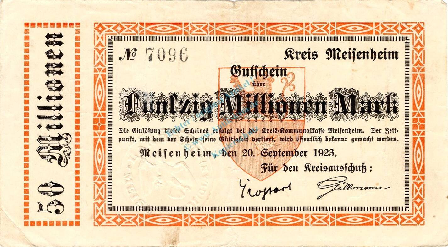 Inflation 1923 DE 50 Mio. Mk. 1923 Meisenheim, Banknote 50 Millionen ...