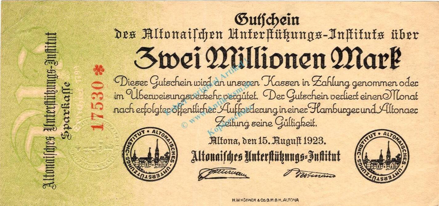 Inflation 1923 DE 2 Mio. Mk. Altona, Banknote 2 Millionen Mark Schein L ...