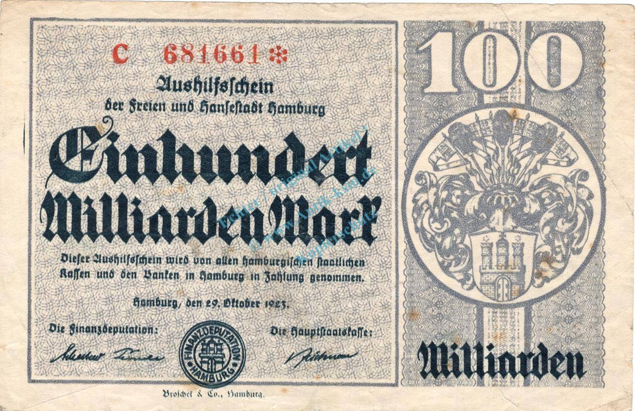 Inflation 1923 DE 100 Mia. Mk. Hamburg, Banknote 100 Milliarden Mark ...