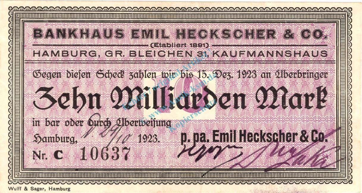 Inflation 1923 DE 10 Mia. Mk. Hamburg, Banknote 10 Milliarden Mark ...