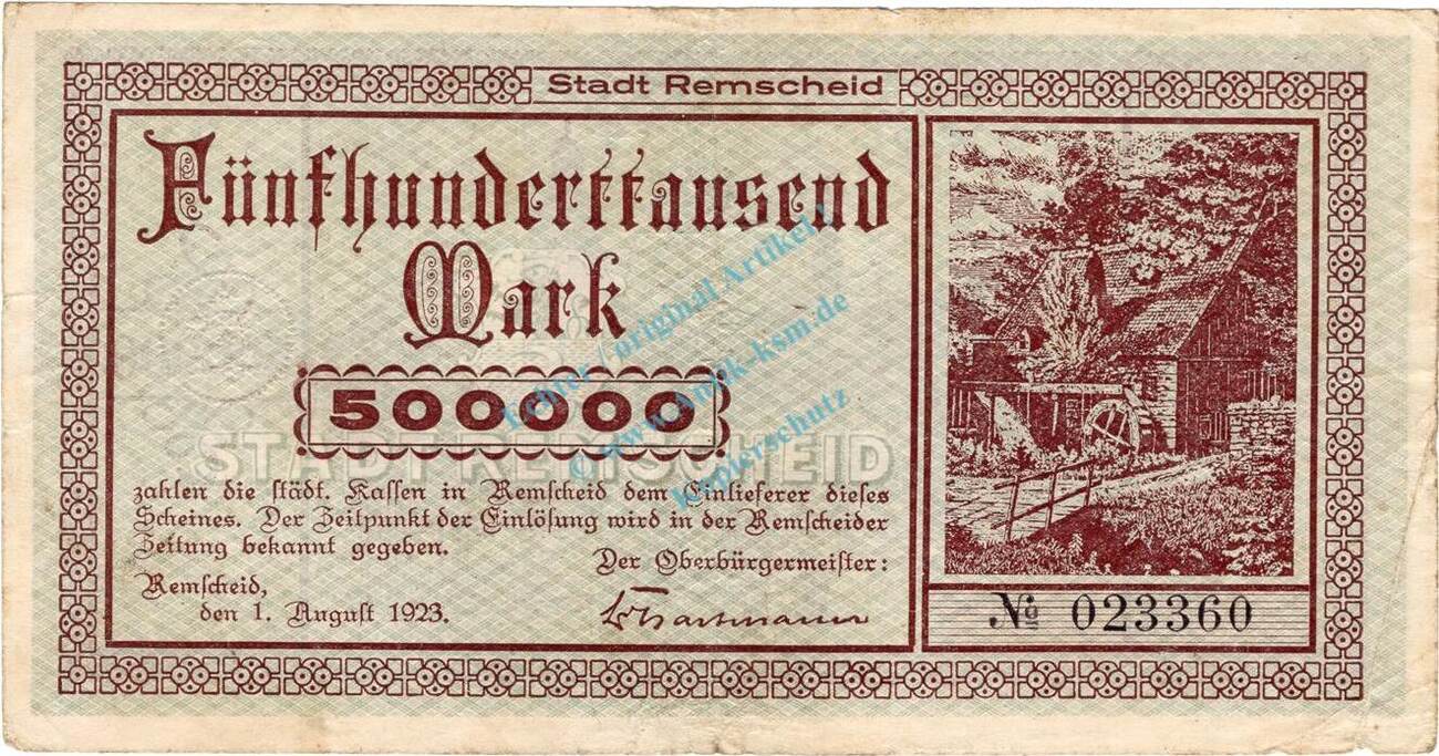 Inflation 1923 DE 500.000 Mk. Remscheid, Banknote 500.000 Mark Schein gbr. Keller 4515.a ...