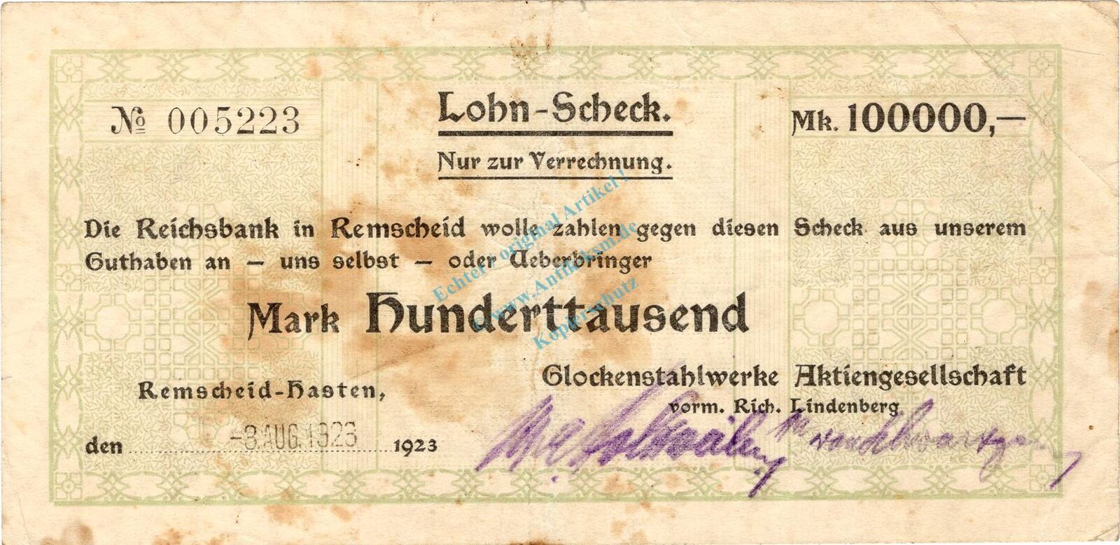 Inflation 1923 DE 100.000 Mk. Remscheid, Banknote 100.000 Mark Scheck ...