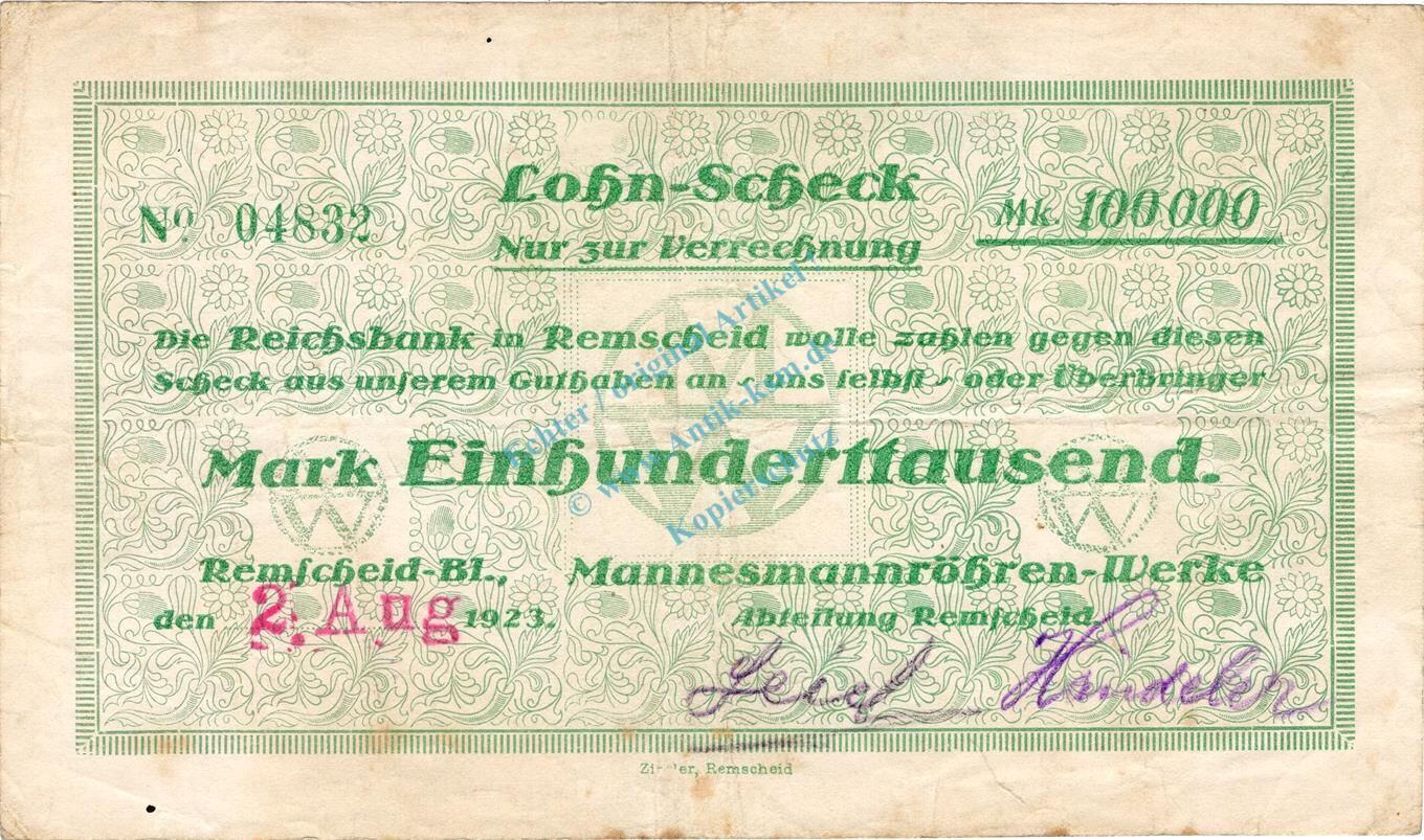 Inflation 1923 DE 100.000 Mk. Remscheid, Banknote 100.000 Mark Scheck ...