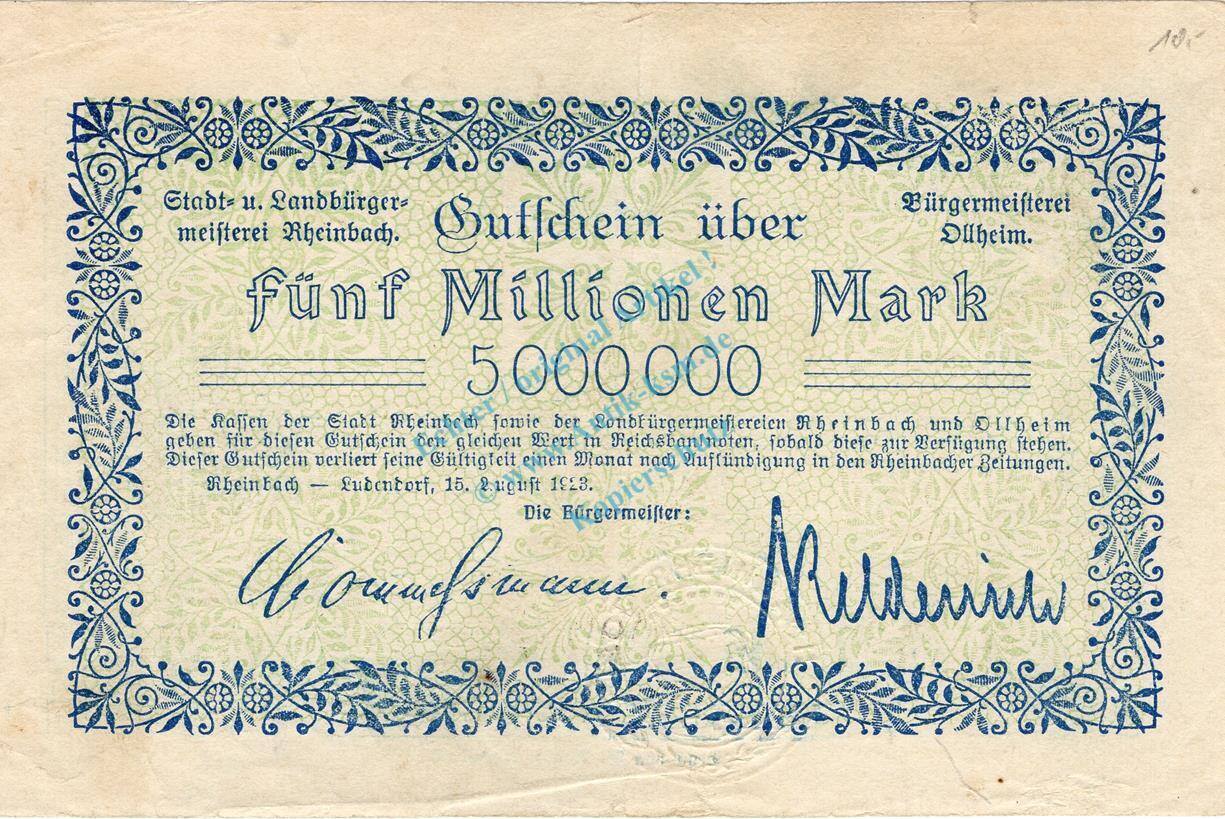 Inflation 1923 DE 5 Mio. Mk. Rheinbach, Banknote 5 Millionen Mark ...
