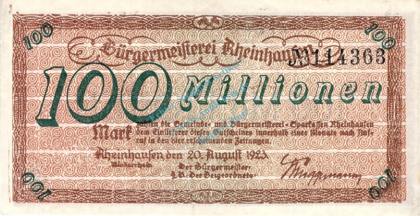 Inflation 1923 DE 100 Mio. Mk. Rheinhausen, Banknote 100 Million Mark ...