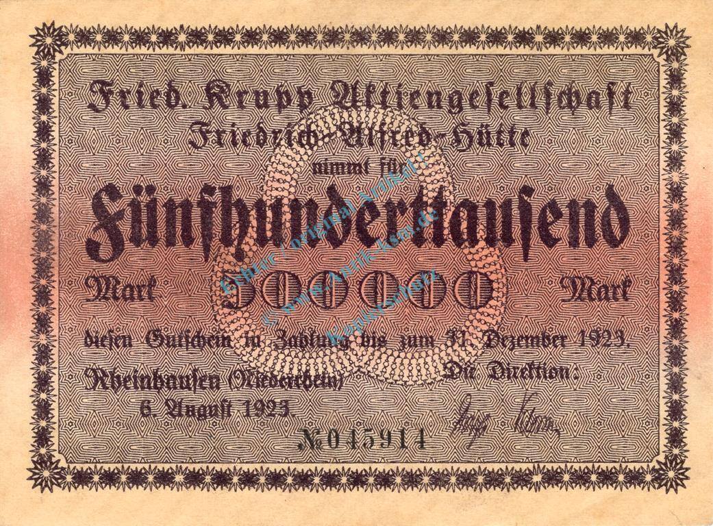 Inflation 1923 DE 500.000 Mk. Rheinhausen, Banknote 500.000 Mark unc-kfr. Keller 4558.b ...