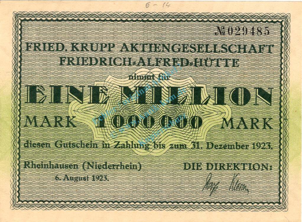 Inflation 1923 DE 1 Mio. Mk. Rheinhausen, Banknote 1 Million Mark unc ...