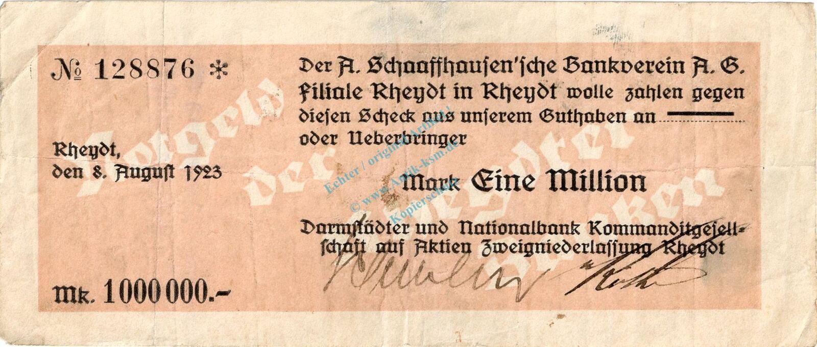 Inflation 1923 DE 1 Mio. Mk. Rheydt, Banknote 1 Million Mark Scheck gbr ...