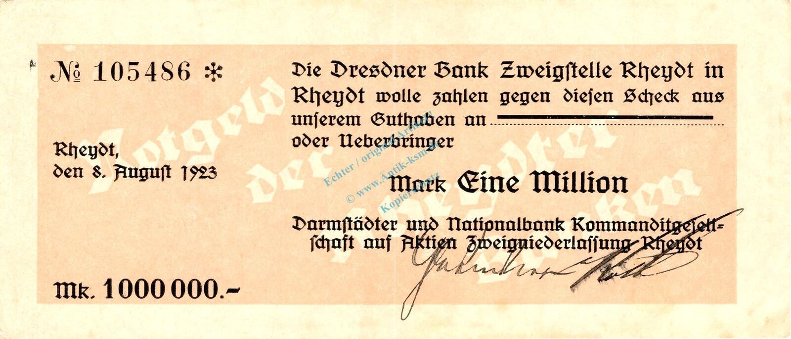Inflation 1923 DE 1 Mio. Mk. Rheydt, Banknote 1 Million Mark Scheck L ...