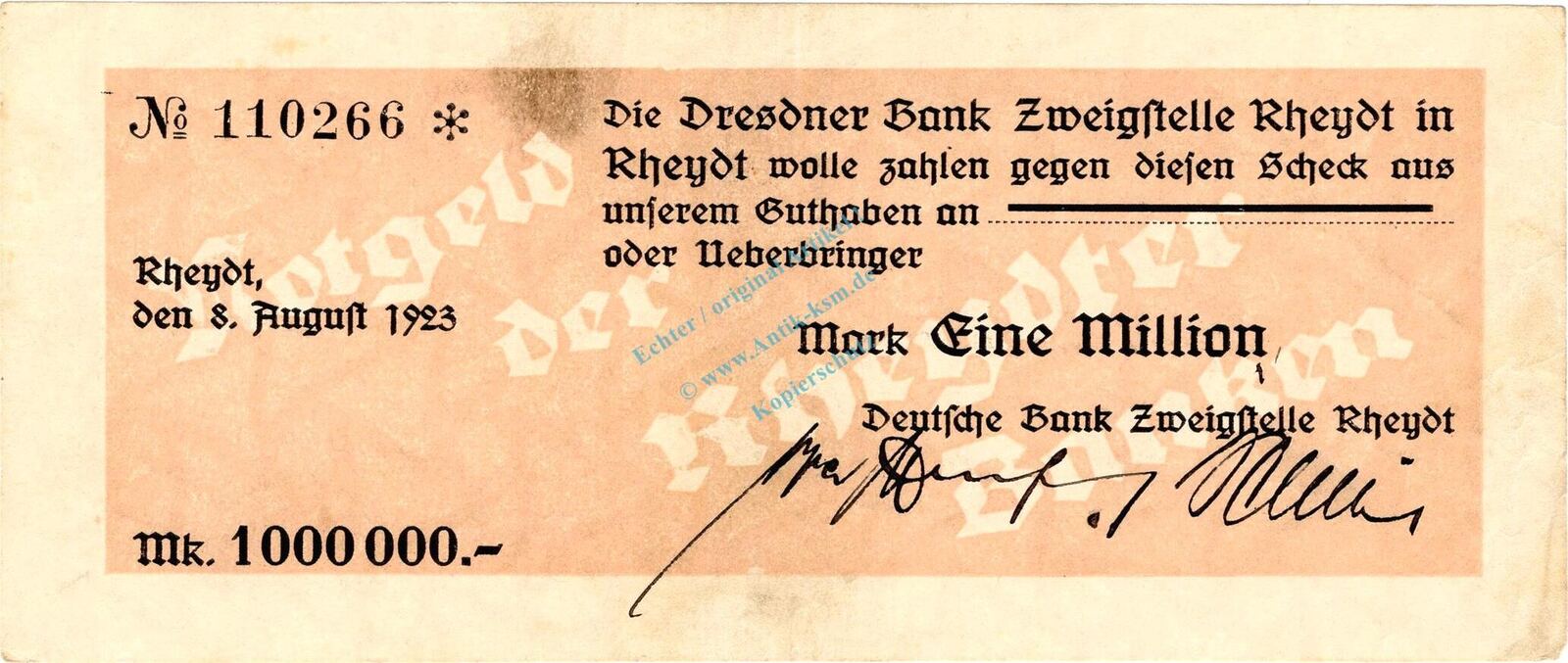 Inflation 1923 DE 1 Mio. Mk. Rheydt, Banknote 1 Million Mark Scheck gbr ...