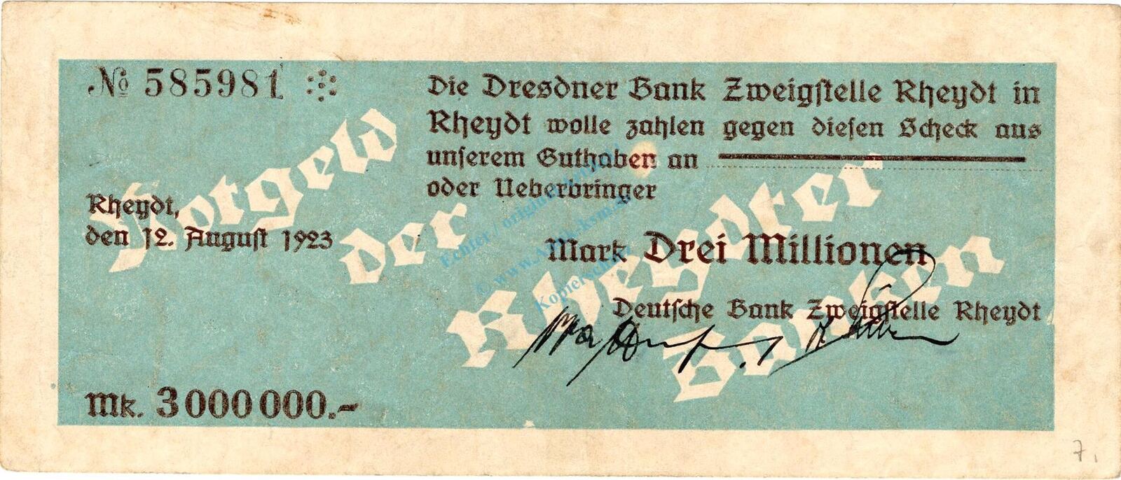 Inflation 1923 DE 3 Mio. Mk. Rheydt, Banknote 3 Millionen Mark Scheck ...