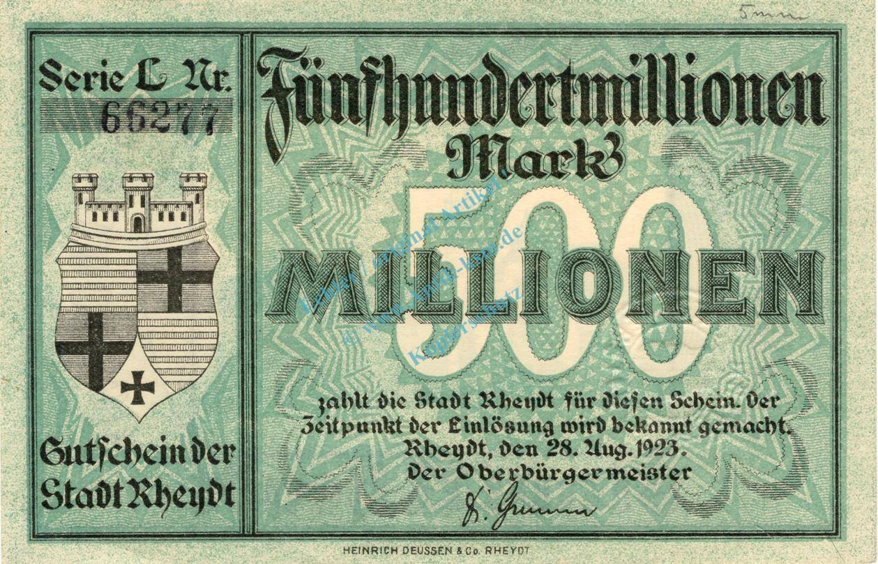 Inflation 1923 DE 500 Mio. Mk. 1923 Rheydt, Banknote 500 Millionen Mark ...