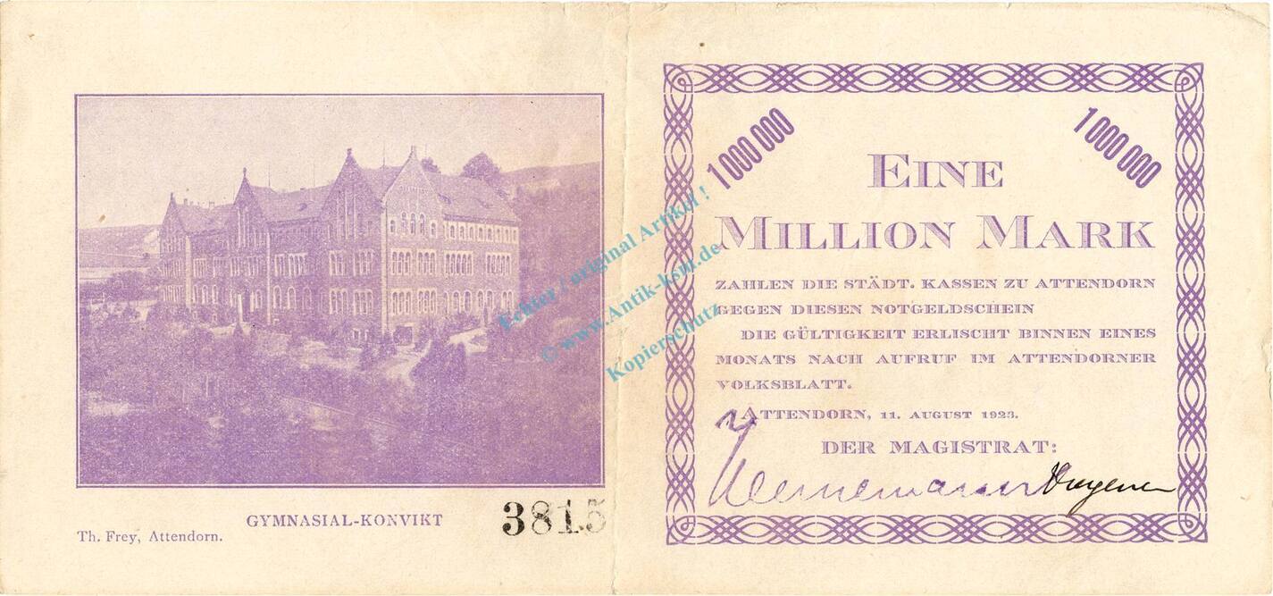 Inflation 1923 DE 1 Mio. Mk. Attendorn, Banknote 1 Million Mark Schein ...