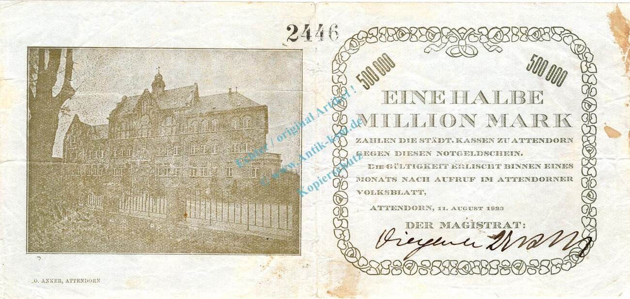 Inflation 1923 DE 1/2 Mio. Mk. Attendorn, Banknote 1 halbe Million Mark ...