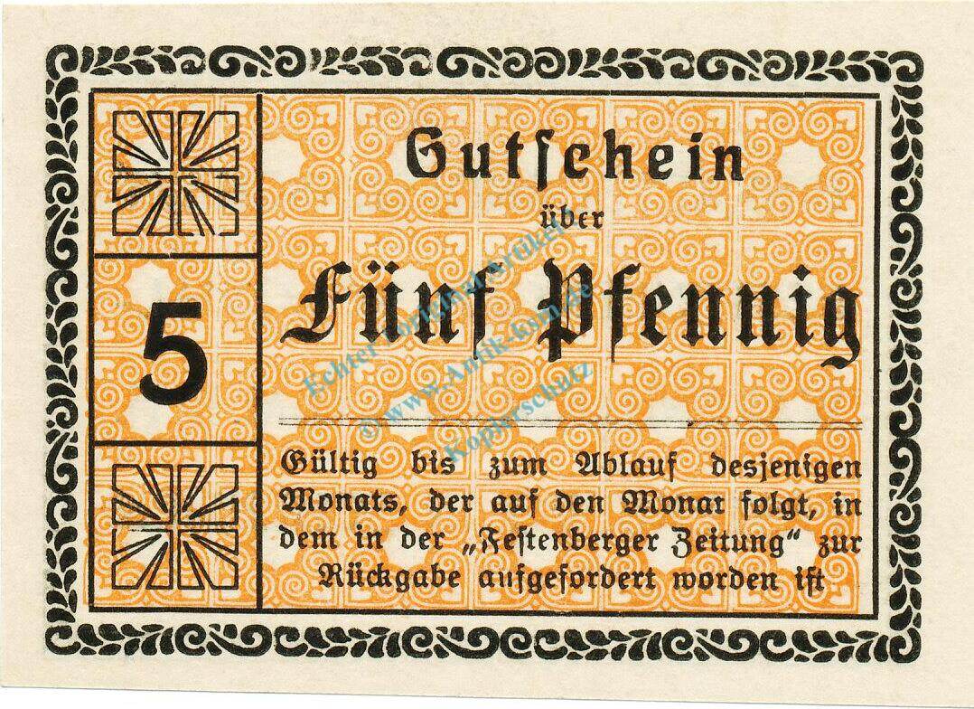 Kleingeld 1914-1922 DE 5 Pf. Festenberg, Notgeld 5 Pfennig Schein unc ...