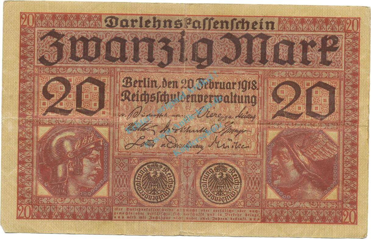 deutsches Kaiserreich 20 Mk. Reichsbanknote, 20 Mark Schein gbr. DEU-62 ...