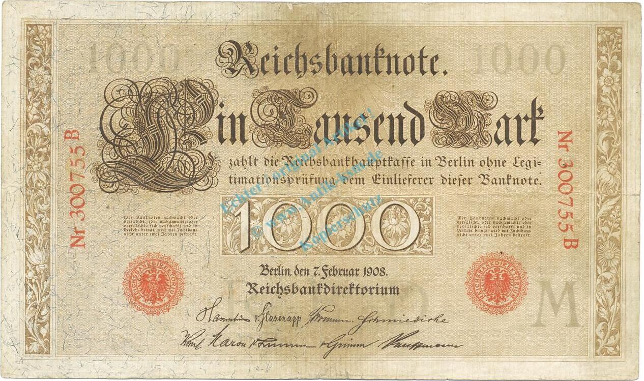1.000 Mk. 1000 Mark Schein 1908 gbr. DEU.33, Ros.36, P.36 deutsches ...