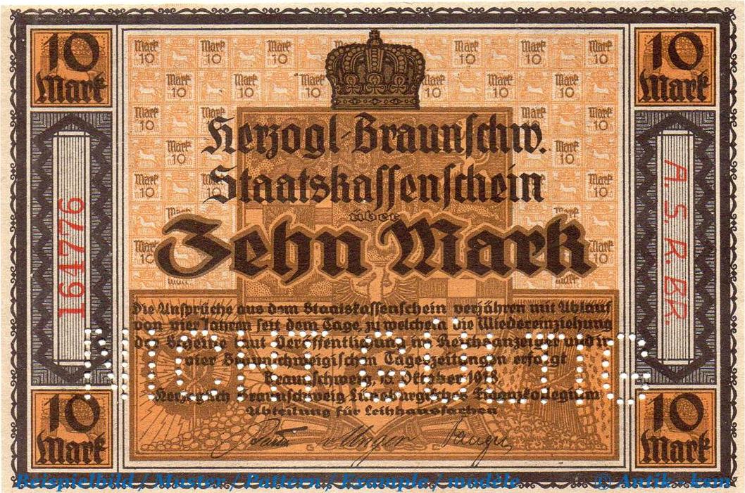 10 Mk. 1918 Banknote der Stadt Braunschweig, 10 Mark Schein in kfr. E ...
