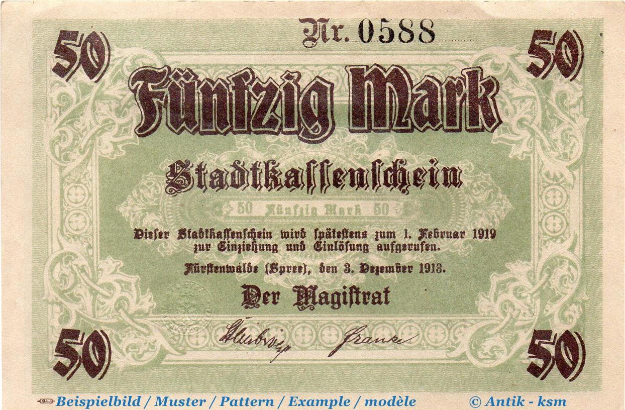 Großnotgeld Deutschland 1918 Stadt Fürstenwalde, 50 Mark Schein in kfr ...