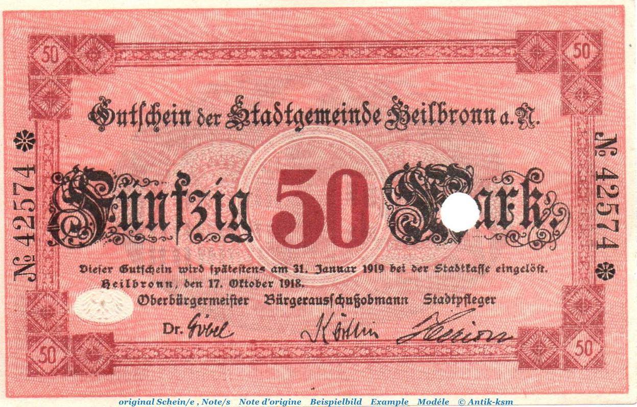 Großnotgeld De. 50 Mk. Heilbronn, Banknote 50 Mark Schein in kfr.E ...