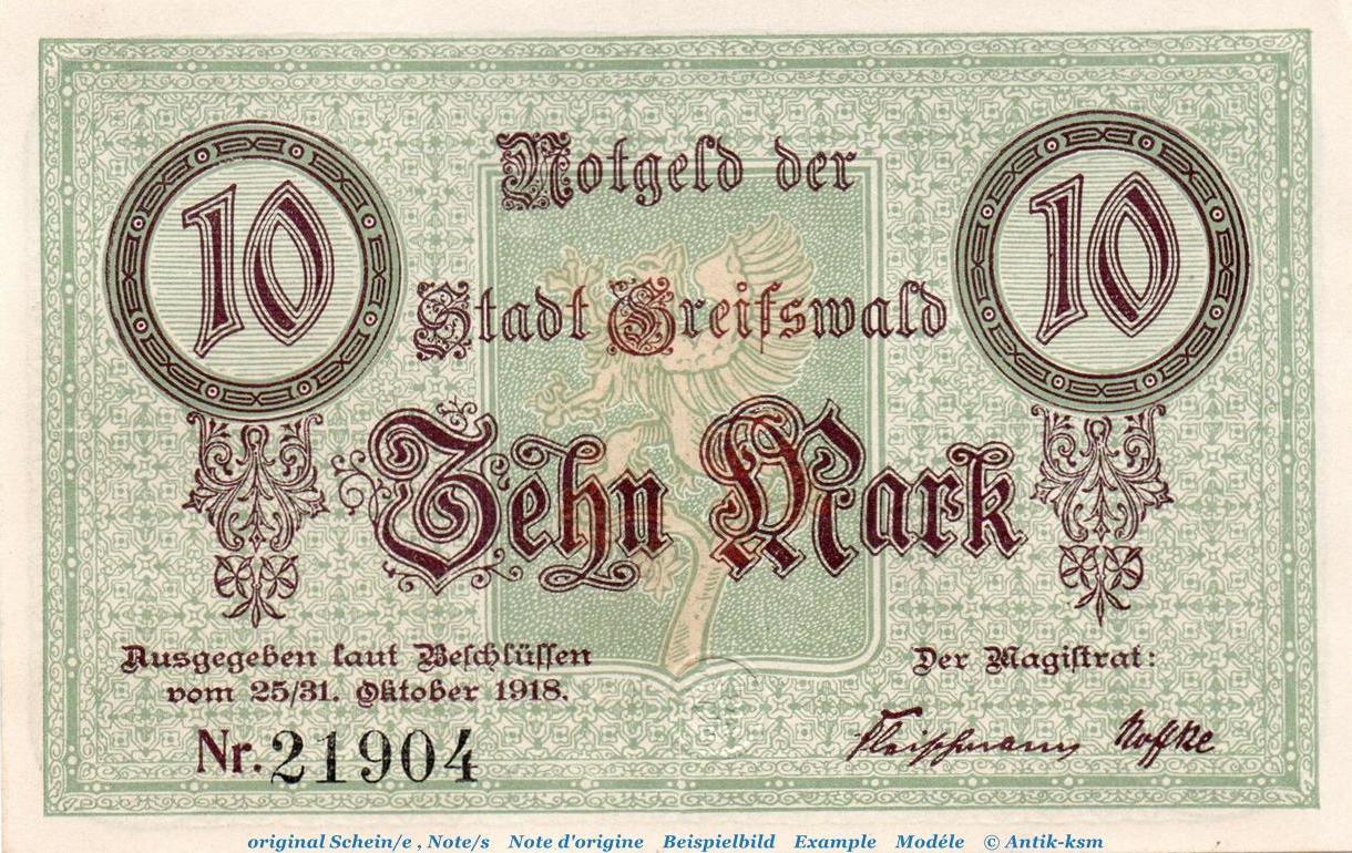 10 Mk. Banknote der Stadt Greifswald, 10 Mark Schein in kfr.E, Geiger ...