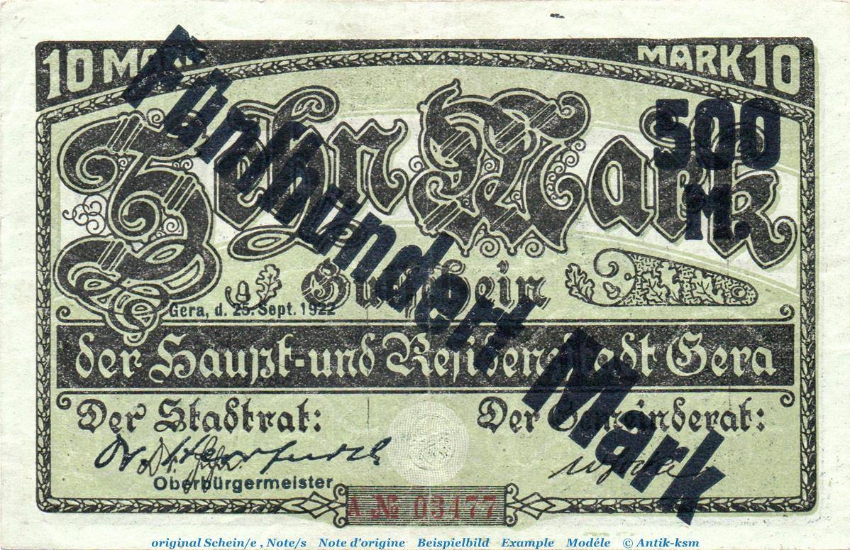 Großnotgeld 1922/23 500 Mk. Banknote Stadt Gera, 500 Mark Schein ...