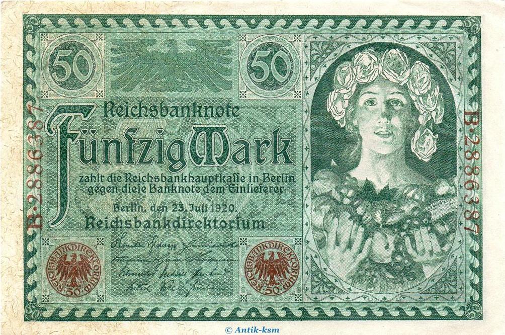 Weimarer Republik Reichsbanknote, 50 Mark Schein in kfr. DEU-74, Ros.66 ...