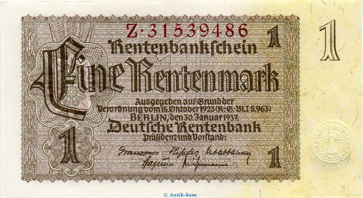 Drittes Reich - Rentenbank 1 Rentenmark, KN braun 1937 Reichsbanknote ...