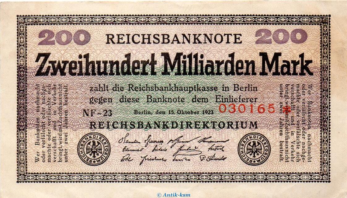 Inflation Deutschland 1923 Reichsbanknote 200 Milliarden Mark Schein