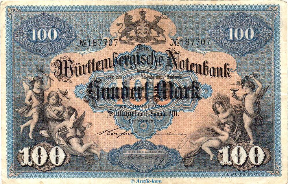 Württemberg Länderbanknote, 100 Mark Schein in gbr. WTB-10.a, Ros.771 ...