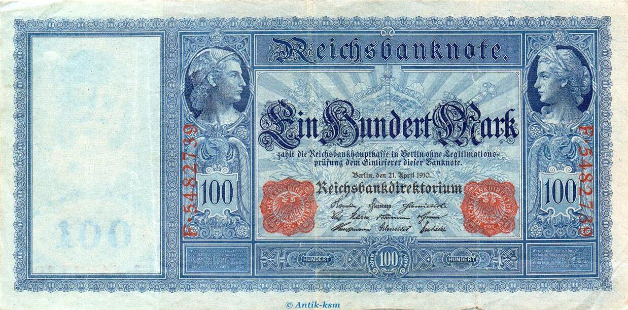 Deutsches Kaiserreich 100 Mark Schein 1910 blau Reichsbanknote, 100 ...