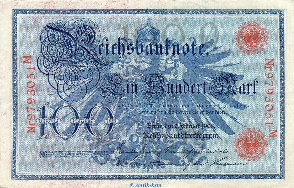 Deutsches Kaiserreich Reichsbanknote, 100 Mark Schein rot in f.kfr. DEU ...