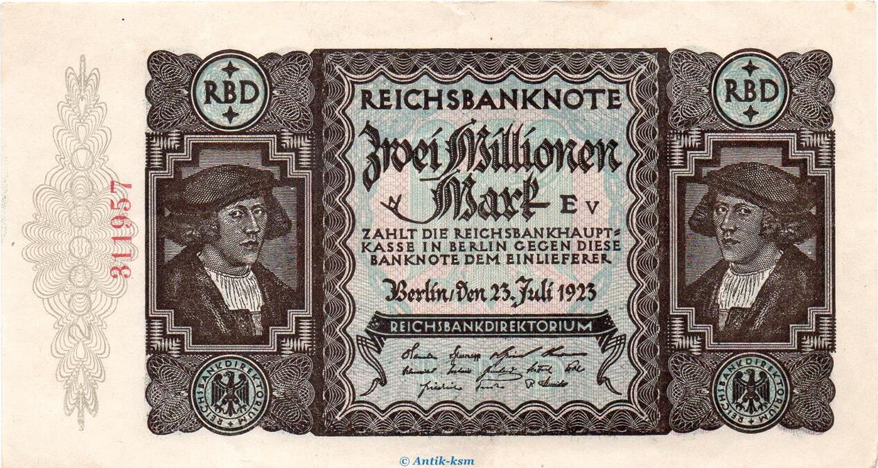 Weimarer Republik - Inflation 2 Mio. Mk. 1923 Reichsbanknote, 2 ...