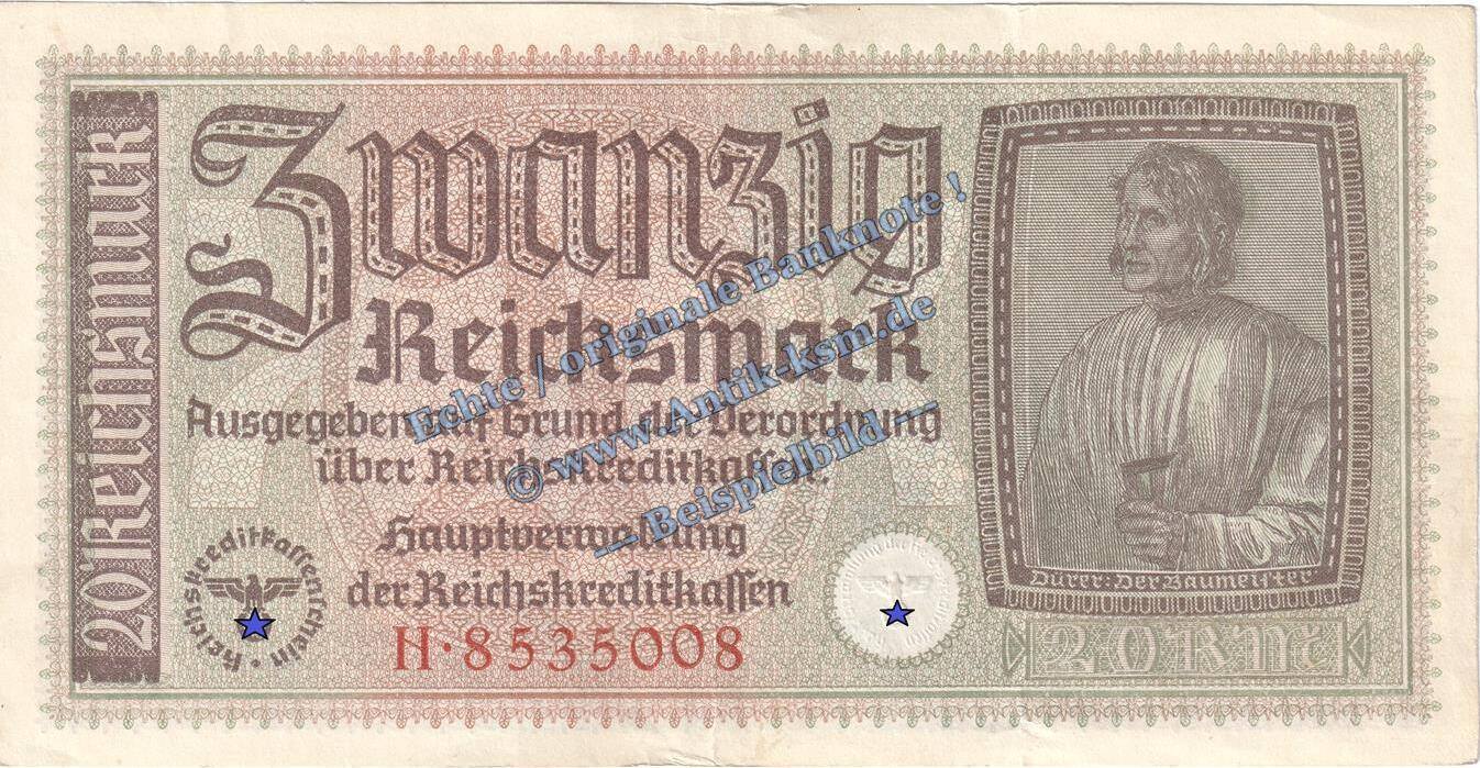 deutsche Besatzungsausgaben 20 Mark Schein Banknote, 20 Reichsmark ...