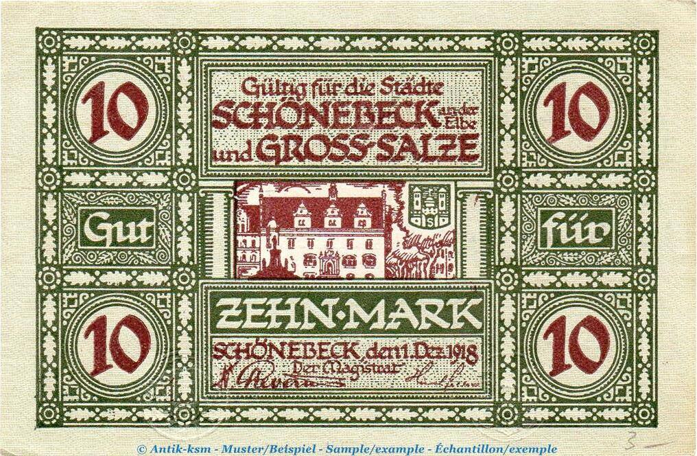 DE 10 Mk. Banknote Schönebeck + Gross Salze, 10 Mark Schein in kfr ...