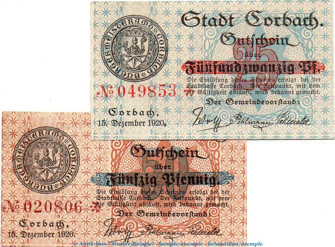 Notgeld DE 2 Scheine kpl. Notgeld Stadt Corbach 1200.05.10-25, Set mit ...