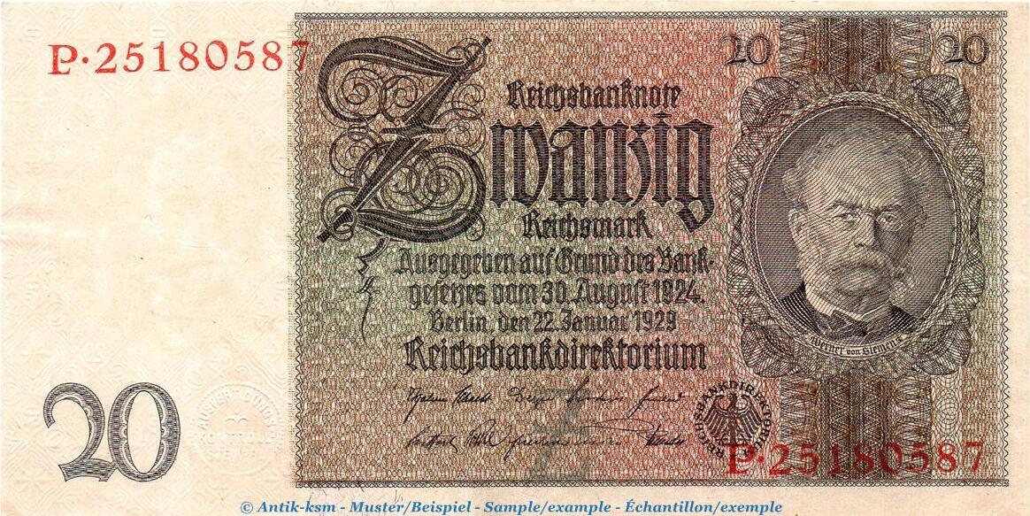 Weimarer Republik - Reichsbank 20 Mark Schein Z, L bis P 1929 ...