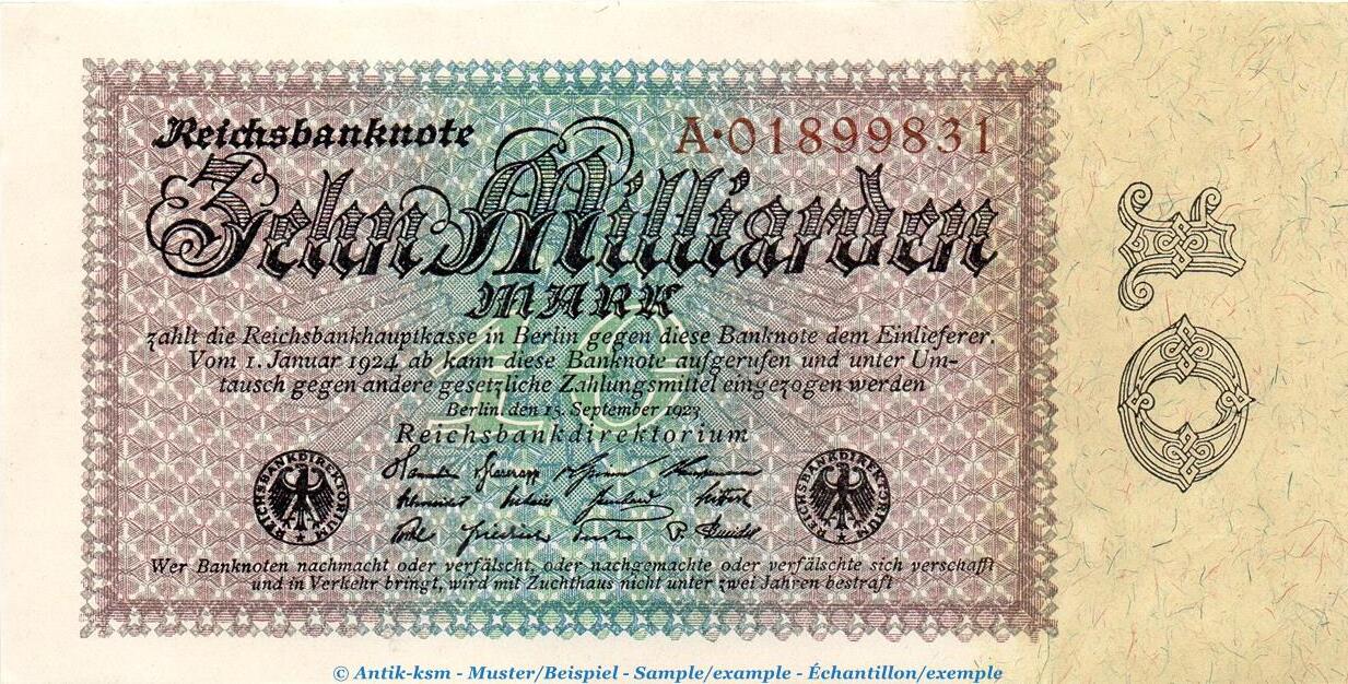 Weimarer Republik - Inflation 10 Milliarden Mark Schein Reichsbanknote ...