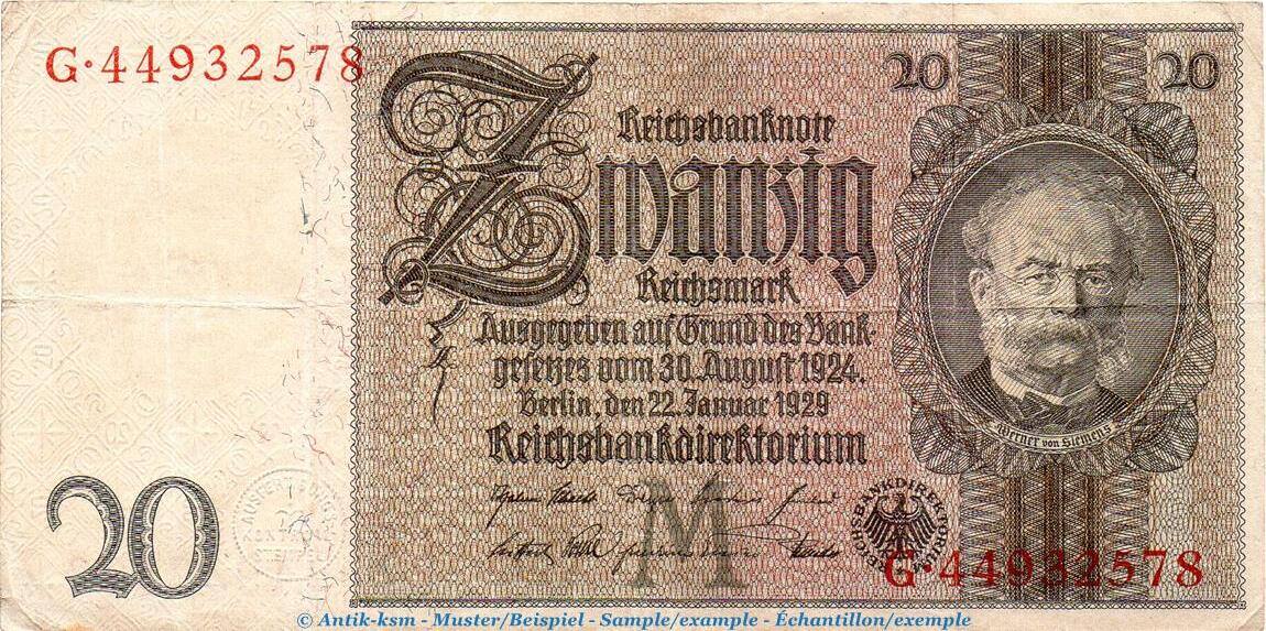 20 Mk. -M 2- Reichsbanknote, 20 Mark Schein -M 2- in gbr. DEU-184.b ...