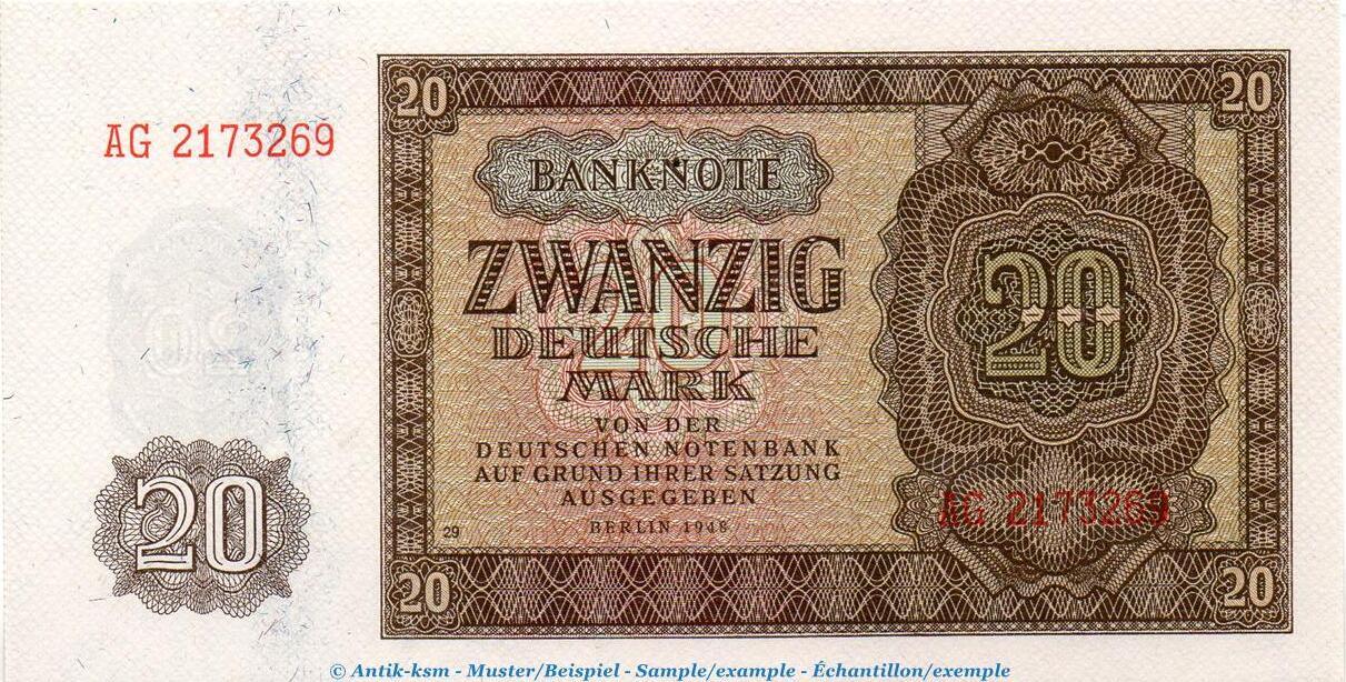 Deutsche Notenbank DDR Banknote, 20 Mark Schein in kfr. DDR-6, Ros.344 ...