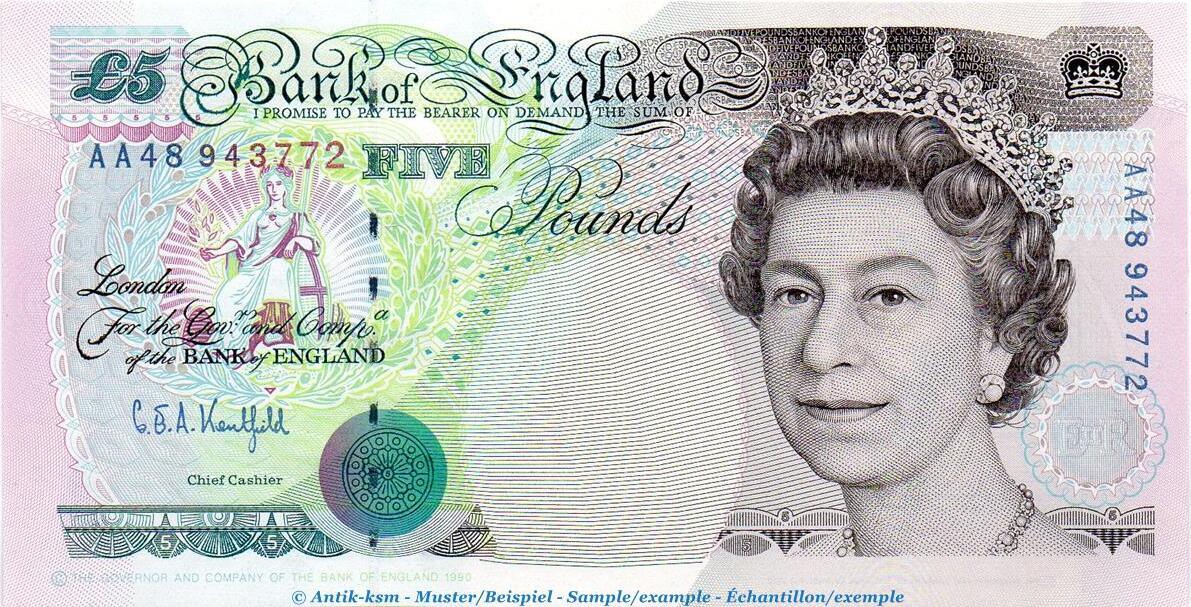 Banknote England 5 Pfund Schein, 1990-2002 Banknote Gross Britannien, 5 ...