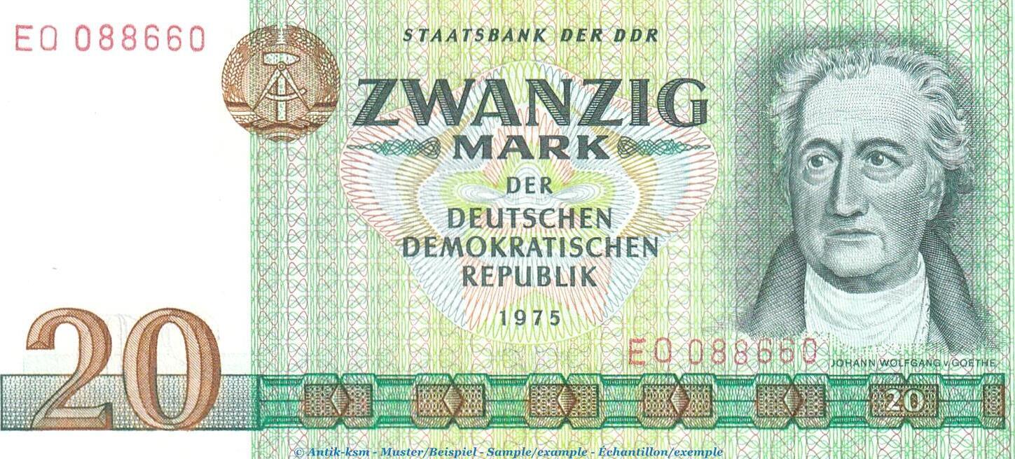 Staatsbank der DDR 20 Mk. Banknote, 20 Mark Schein in kfr. DDR-24.a Ros ...