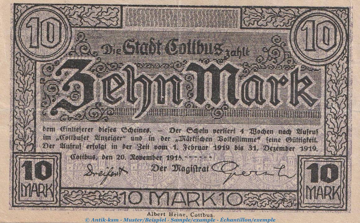 10 Mk. Banknote der Stadt Cottbus, 10 Mark Schein in gbr. Geiger 085.02 ...