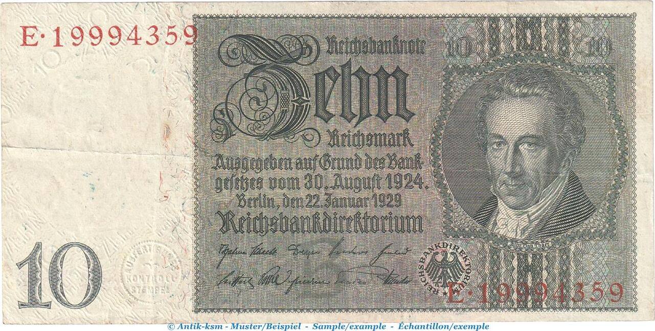 Weimarer Republik - Reichsbank 10 Reichsmark - B 1 - Reichsbanknote, 10 ...