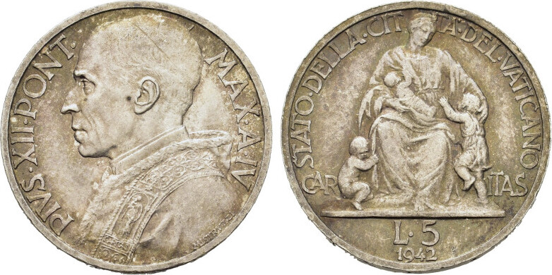 Italy. Vatican State. Pius XII (1939-1958). 5 Lire 1942 | MA-Shops
