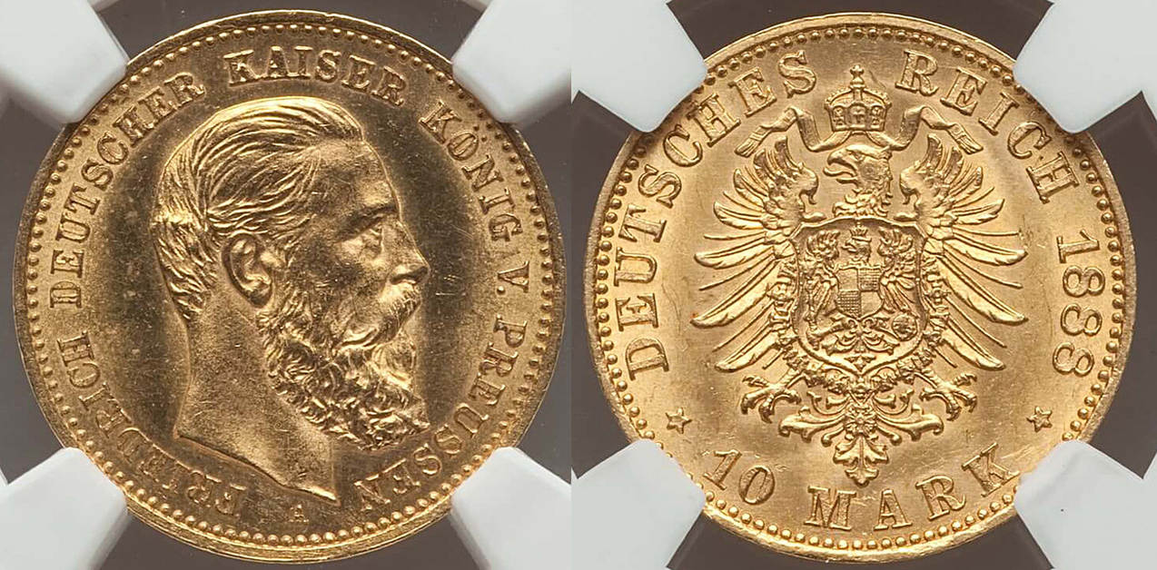 Deutschland Preussen Prussia Gold 10 Mark 1888-A MS63 NGC | MA-Shops