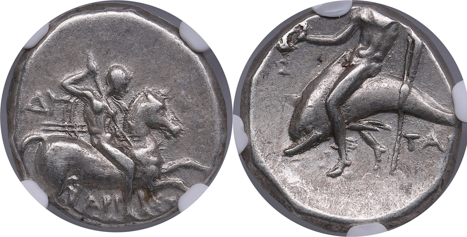 CALABRIA, TARAS AR Didrachm c.281-240 BC NGC XF Strike: 2/5 Surface: 5/ ...