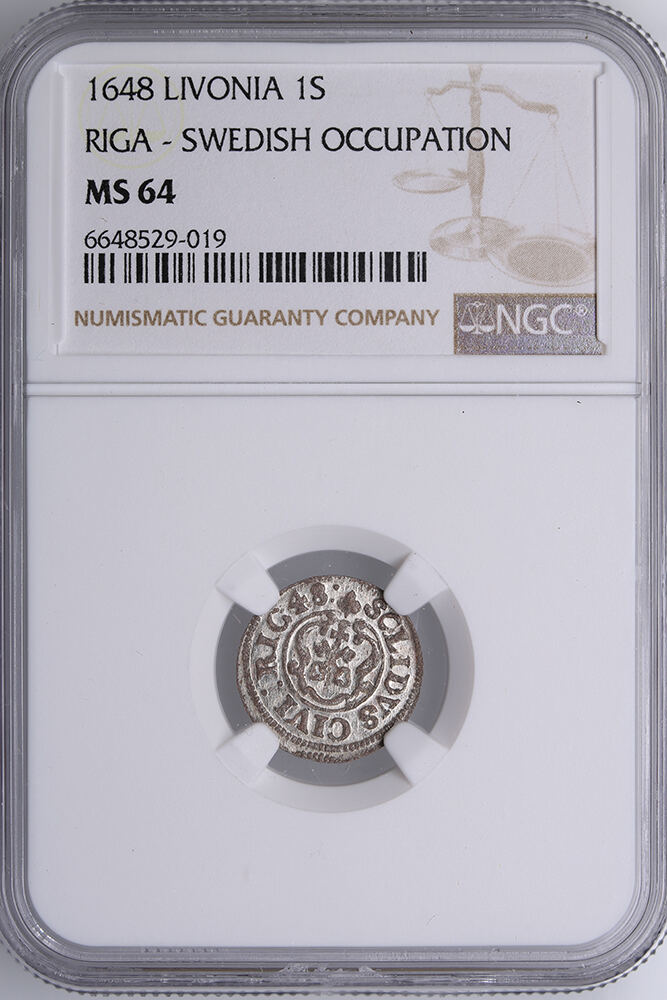 Livonia / Riga 1 Solidus 1648 Swedish Occupation, Riga Solidus - Kristina (1632-1654) NGC MS 64 ...
