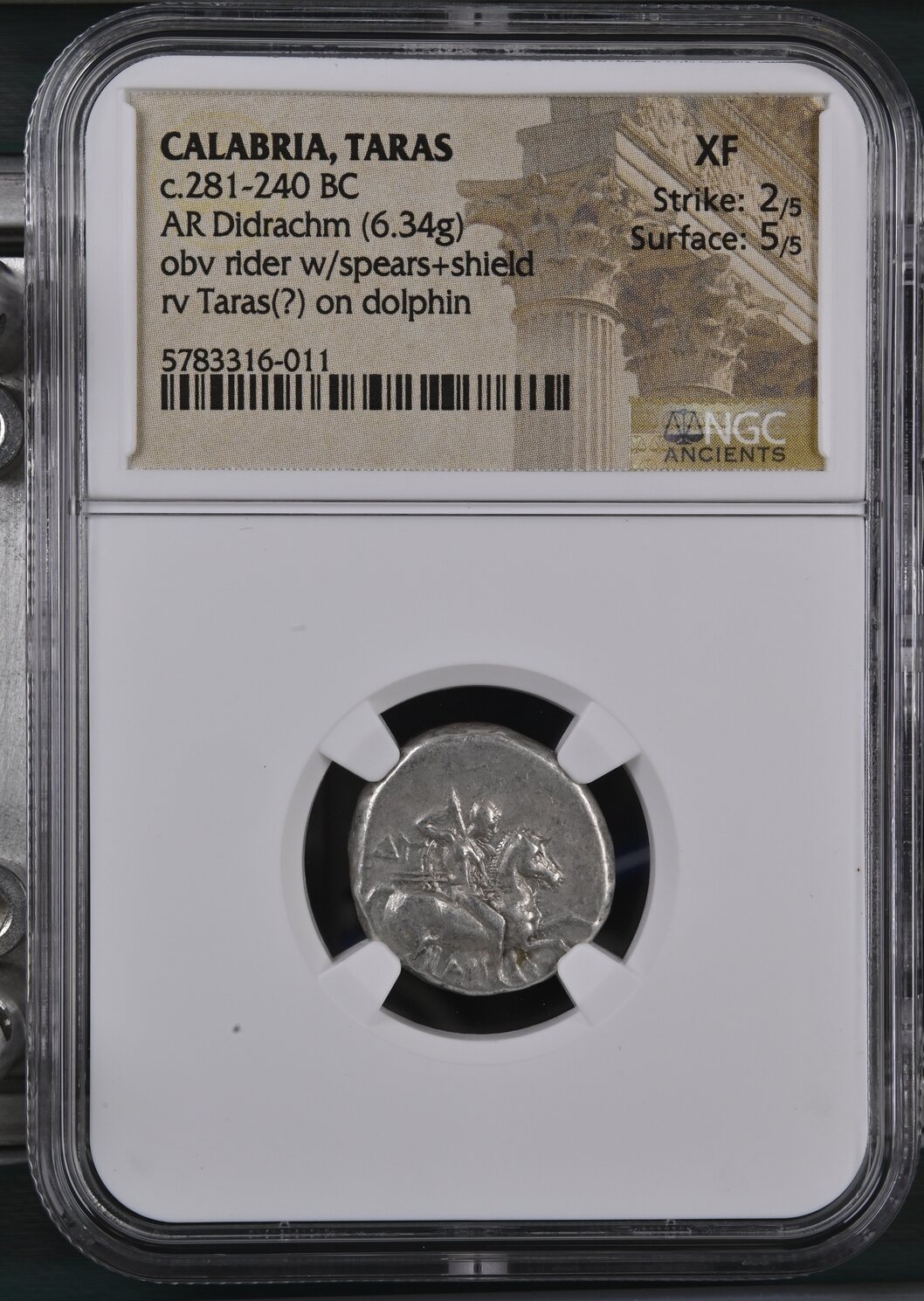 CALABRIA, TARAS AR Didrachm c.281-240 BC NGC XF Strike: 2/5 Surface: 5/ ...